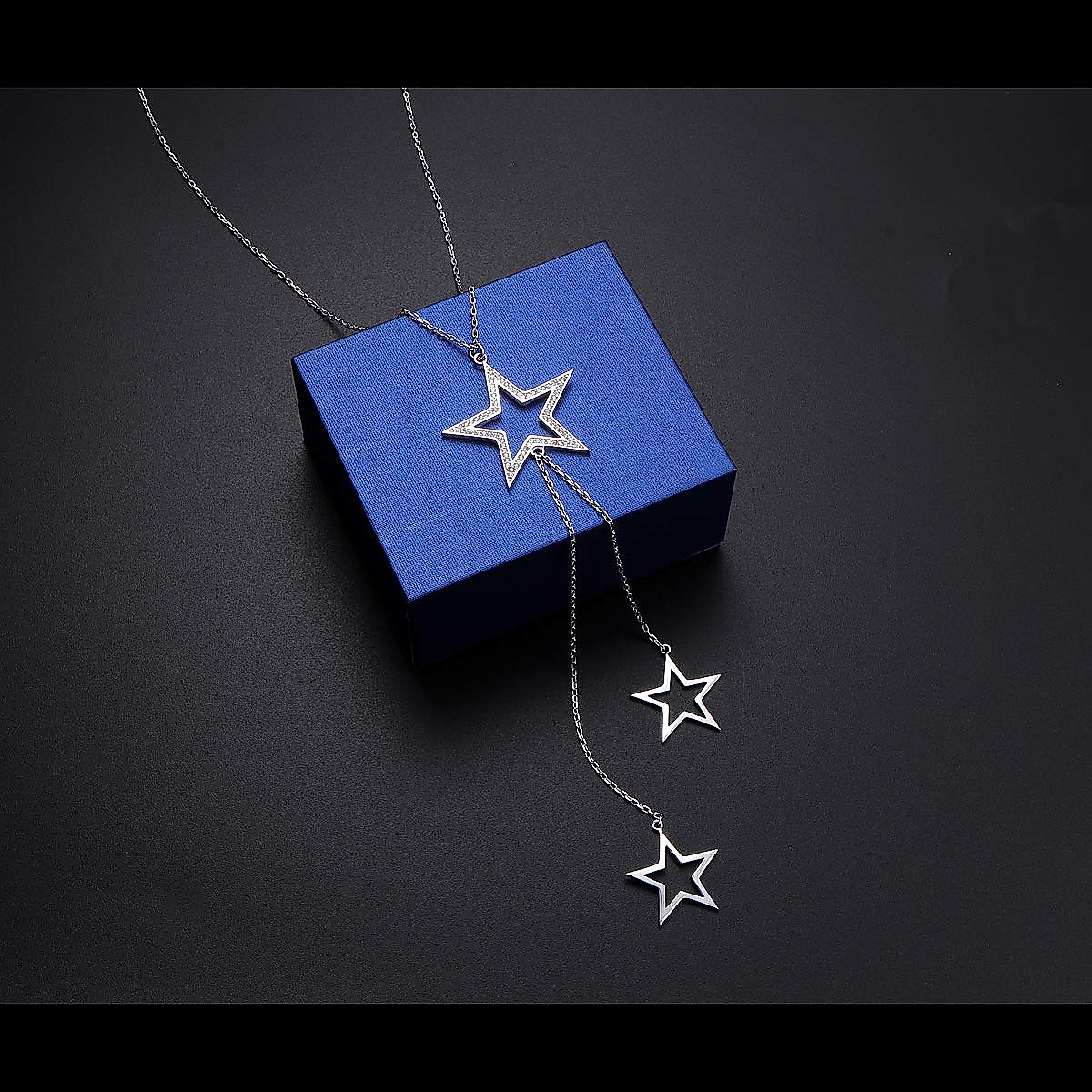 DAOCHONG S925 Sterling Silver Long Stars Statement Necklace Pendant for Women Chain Sweater Jewelry
