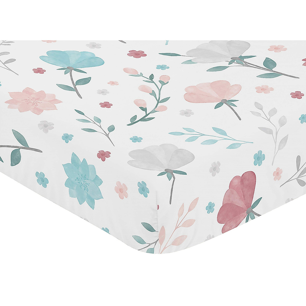 Sweet Jojo Designs Floral Rose Flowers Girl Fitted Crib Sheet Baby or Toddler Bed Nursery - Blush Pink Teal Turquoise Aqua Blue Grey Pop Flower Boho Shabby Chic Modern Colorful Watercolor Roses
