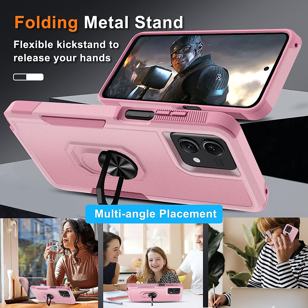 WRJ Compatible with Moto G Stylus 5G 2023 Case with Screen Protector,[Military Grade][Shockproof Protection][Built-in Ring Kickstand] Heavy Duty PC+TPU Dual Layer Case Cover-Girly Pink