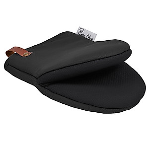 1 Pair Short Neoprene Mini Oven Mitts, Heat Resistant- Little Oven Gloves Pot Holder for Kitchen Cooking - Non-Slip Grip, Hanging Loop, Cotton Trivet for Kitchen Cooking - (Black)