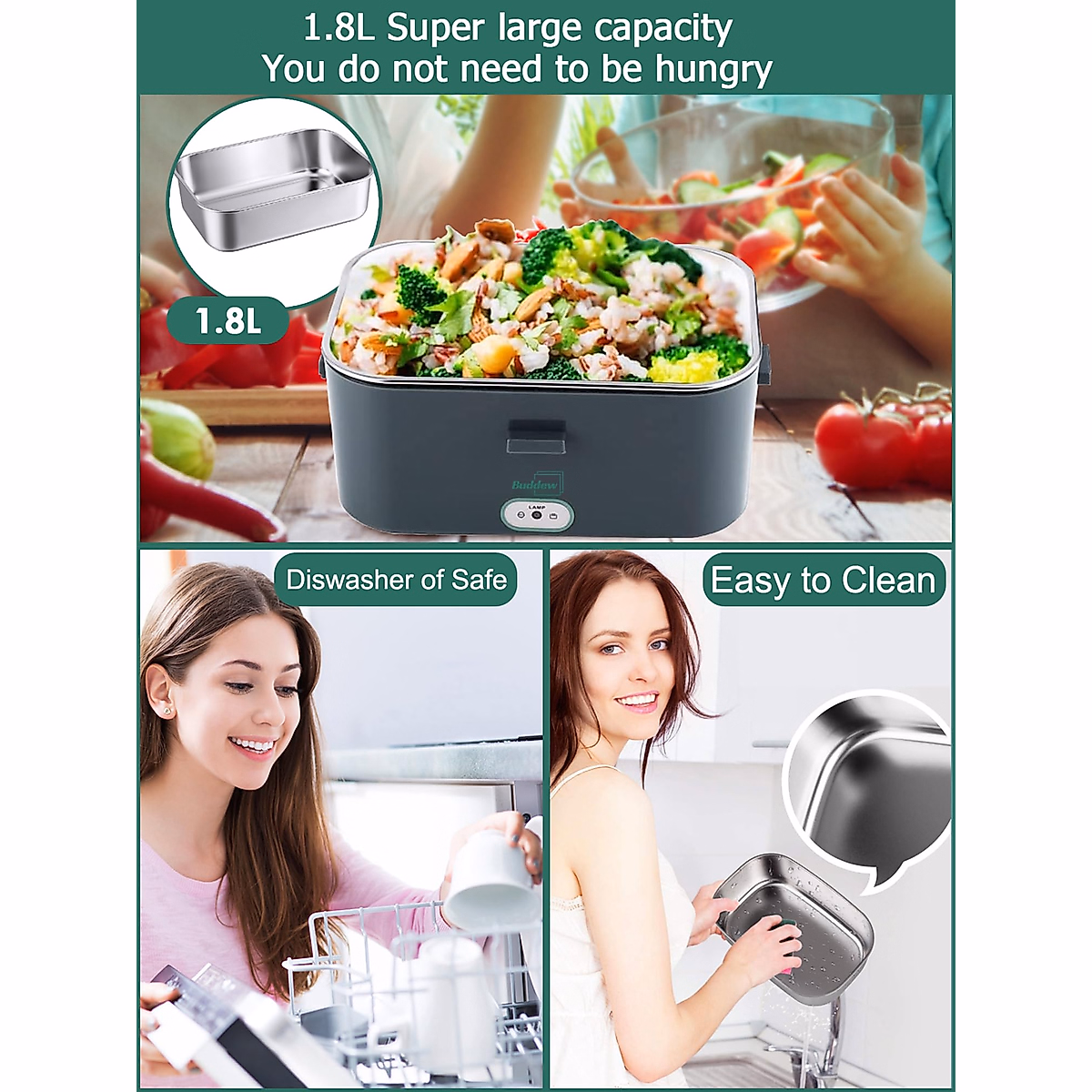 Buddew Electric Lunch Box 80W Food Heater 1.8L Large Capacity Heated Lunch Box 3 in 1 12V/24V/110V Portable Lunch Warmer for Car/Truck/Home/Office with Carry Bag and Fork and Spoon (Gray+Green)