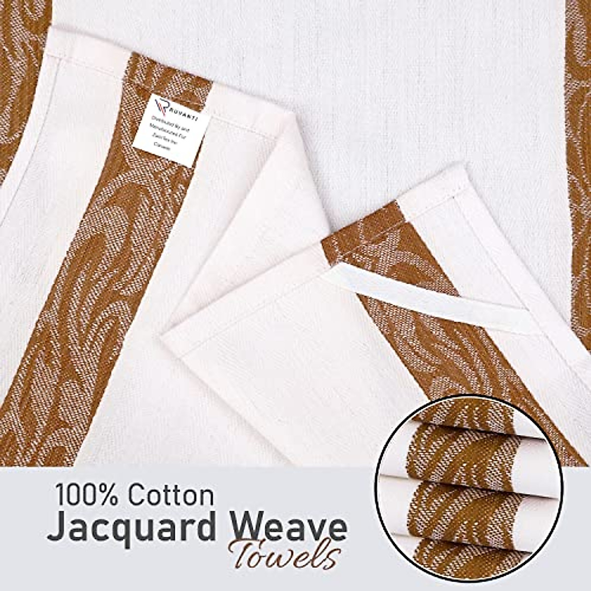 RUVANTI 100% Cotton Kitchen Towels Jacquard, Dish Towels for Kitchen, Washable Dish Cloths, Soft Tea Towels, Super Absorbent for Cleaning, Dishcloths for Quick Drying, 16x26, 12 Pack – Brown & White