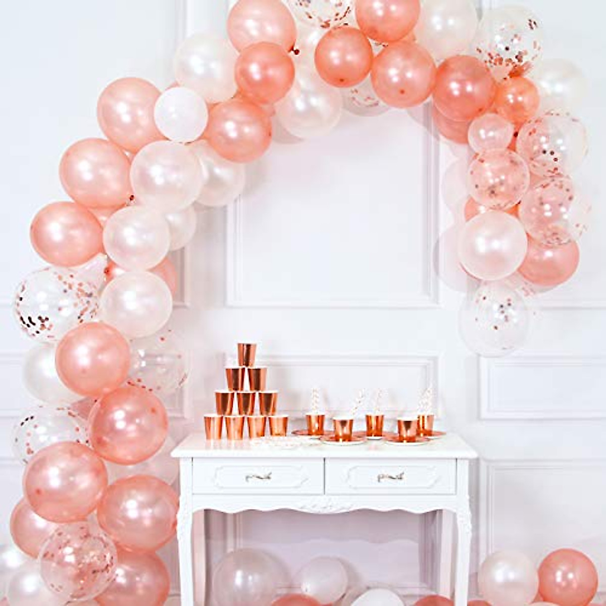 Larchio Rose Gold Balloon Arch Kit, Balloon Garland Rose Gold Confetti Balloons and White Balloons, Balloon Tie and Tape for Birthday Wedding Party Decoration