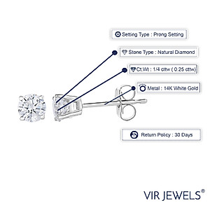 Vir Jewels 1/4 cttw Diamond Stud Earrings 14K White Gold Push Backs Round 4 Prong Basket