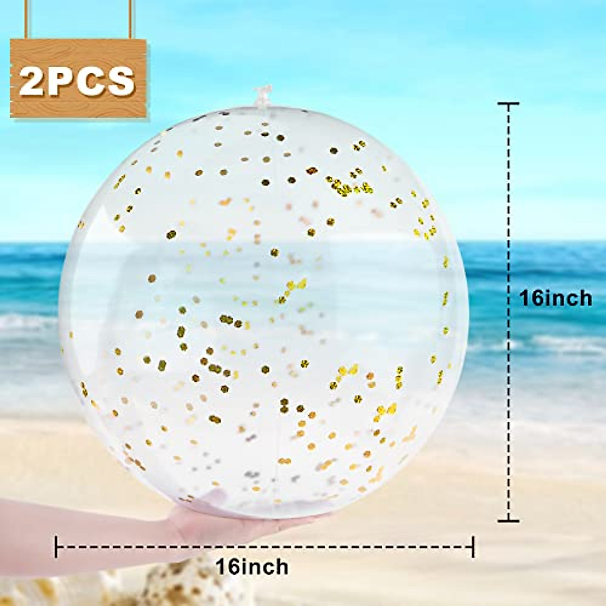AMOR PRESENT 2PCS Inflatable Beach Balls, Glitter Beach Ball 16 Inch Clear Inflatable Ball with Gold Confetti for Kids Birthday Summer Pool Party