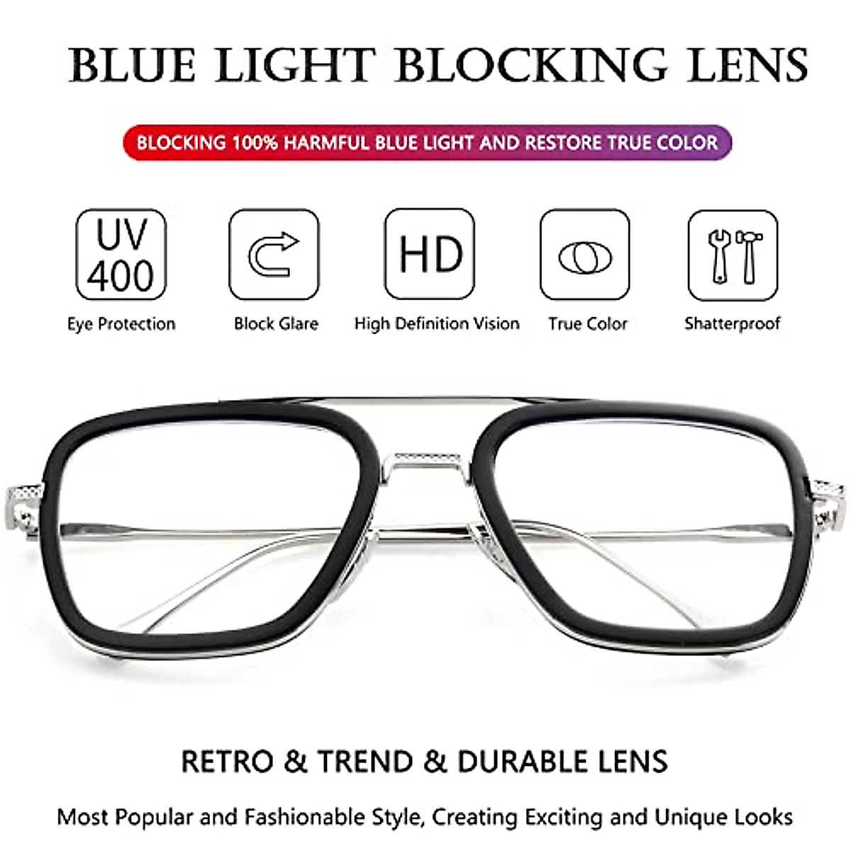 AIEYEZO Tony Stark Sunglasses Vintage Square Metal Frame Eyeglasses for Men Women - Iron Man and Edith Sun Glasses (Silver/Black)