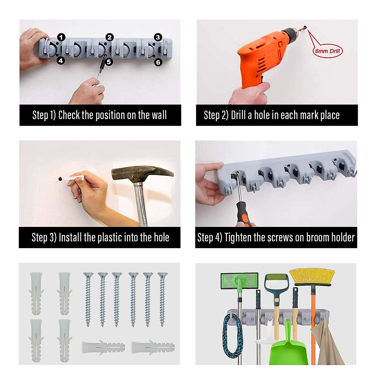 CINEYO 7 Pc's Airtight Food Storage Container & Mop and Broom Holder Wall Mount (Gray)