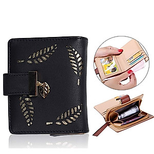 YaJaMa Women's Leaf Short Bifold Wallet Leather Credit Card Holder Case Clutch (Short Black)