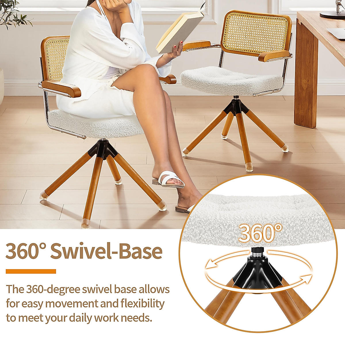 Art Leon Rattan Desk Chair, Mid Century Modern Swivel Accent Chair No Wheels, Fabric Upholstered Office Chair with Wood Legs, Armchair with Rattan Back for Home Office Living Room Bedroom, Off White