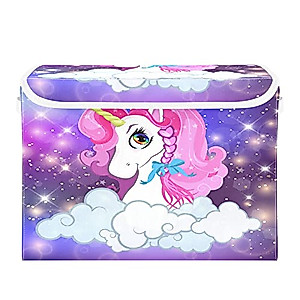 DOMIKING Unicorn Pink Head Galaxy Toy Storage Trunk with Lid Collapsible Storage Box Organizer with Handles for Nursery Drawer Shelves Cabinet