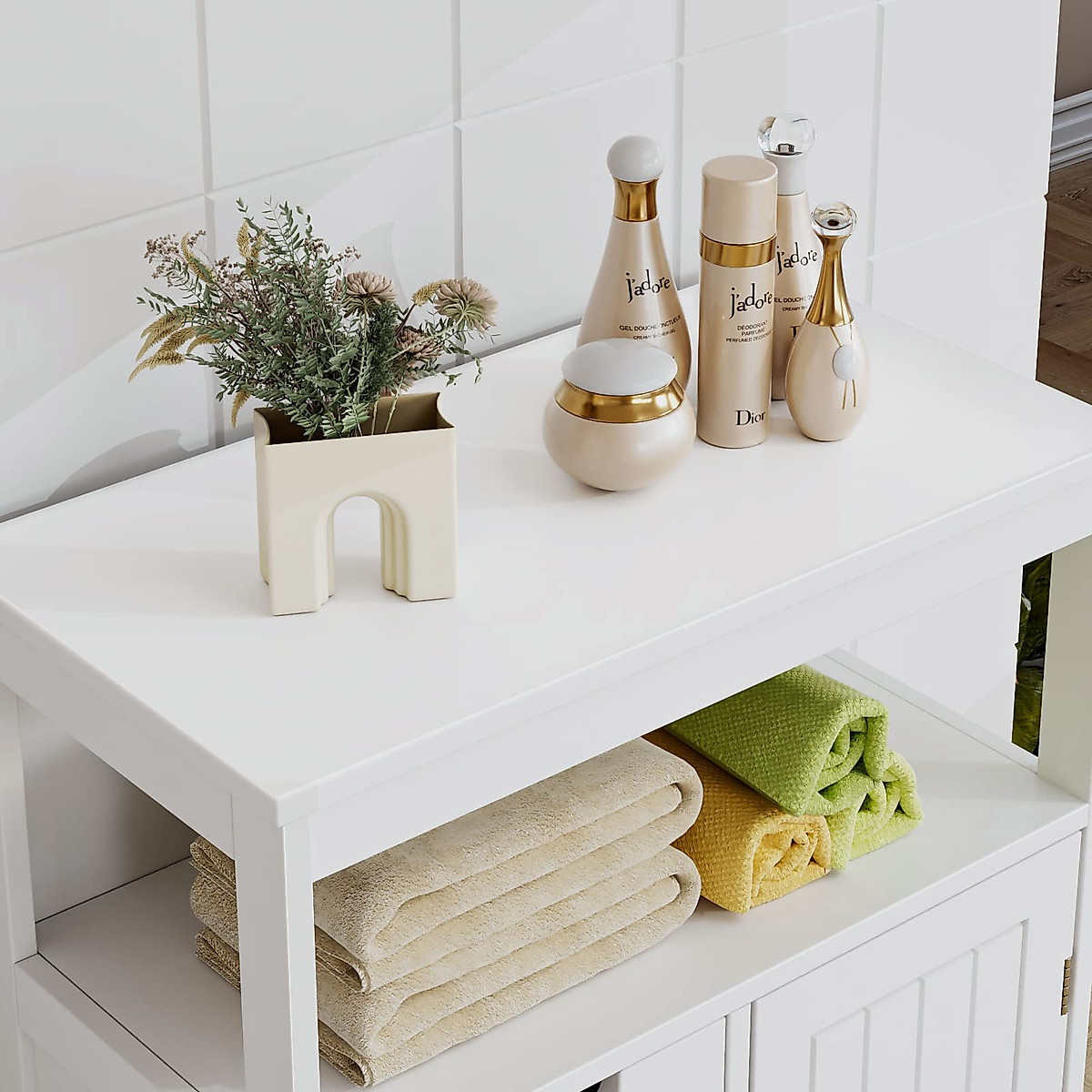 HORSTORS Bathroom Floor Cabinet, Free Standing Storage Cabinet with 3 Drawers and 1 Door & Adjustable Shelf, Modern Entryway Cupboard for Home Office, White