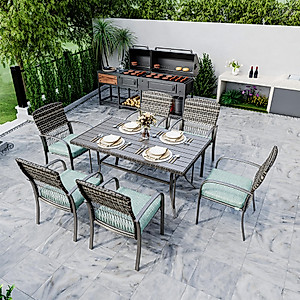 Pamapic Patio Dining Table Set, Outdoor Dining Set 7 Piece, Outdoor Wicker Furniture Set with Removable Cushions for Backyard Garden Deck/Iron Slats Table Top(Green)
