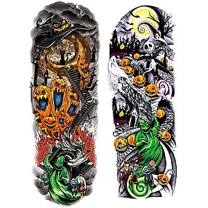 12 Sheets Nightmare Before Christmas Full Arm Temporary Tattoo Stickers, Tumbler Tattoo, Black Body Tattoo Stickers For Kids, Adults,Halloween, Party, Masquerade