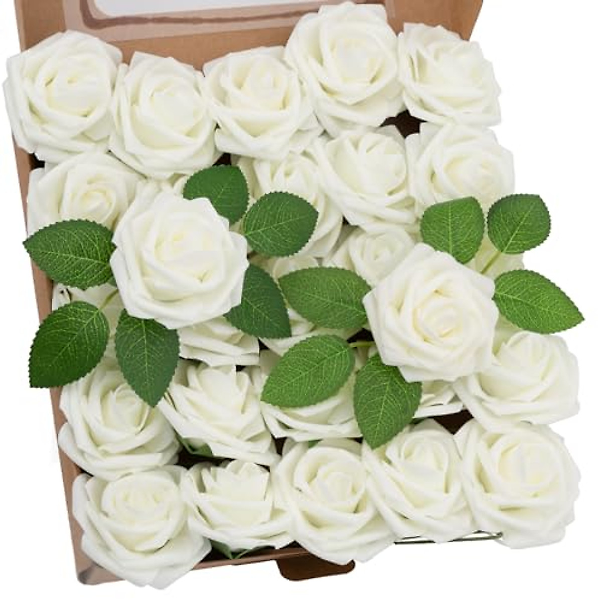 MEOKEY 25pcs Artificial Rose Flowers, Ivory Foam Fake Roses with Stems for DIY Wedding Bouquets White Bridal Shower Centerpieces Arrangements Party Tables Decorations