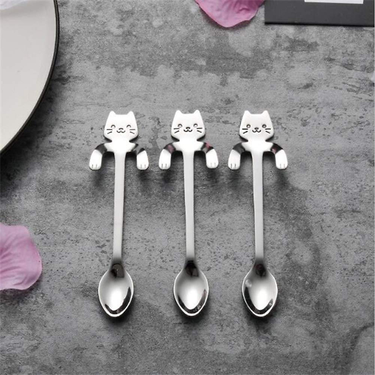 ekqw015l 1 Piece Cute Cat Spoon Long Handle Spoons Flatware Drinking Tools Kitchen Gadget |Baby Stainless Steel Dessert Cake Coffee Spoon Cutlery– Teaspoons,Coffee spoons Soup Spoons Silver