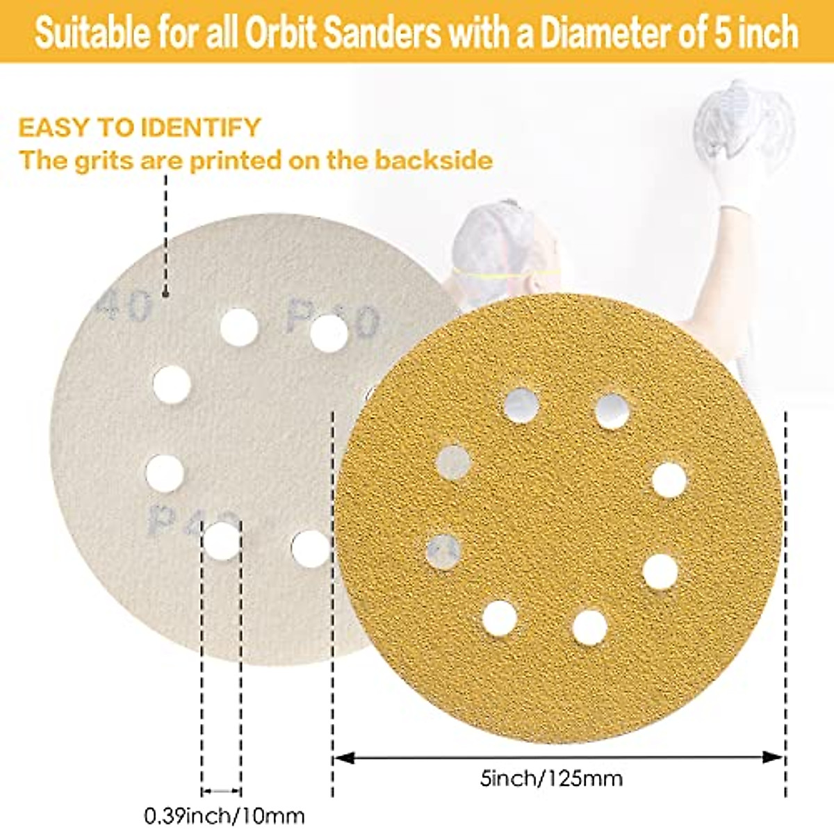 POTUINOM 80PCS 5 Inch 8 Hole Sanding Discs 40 Grit,Gold Round Hook and Loop Sandpaper for Random Orbital Sander