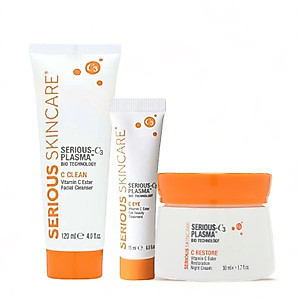 Serious Skincare - Serious C3 Vitamin C Plasma Night Trio Set - C-Restore Night Cream, C Eye Beauty Treatment and C Clean Facial Cleanser - Fine Lines, Mature Dry Skin - Smoother Radiant Skin