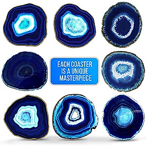 BedRock Blue Agate Coasters for Drinks - Set of 4 - Brazilian Geode Decor - (4"-4.5" Blue)