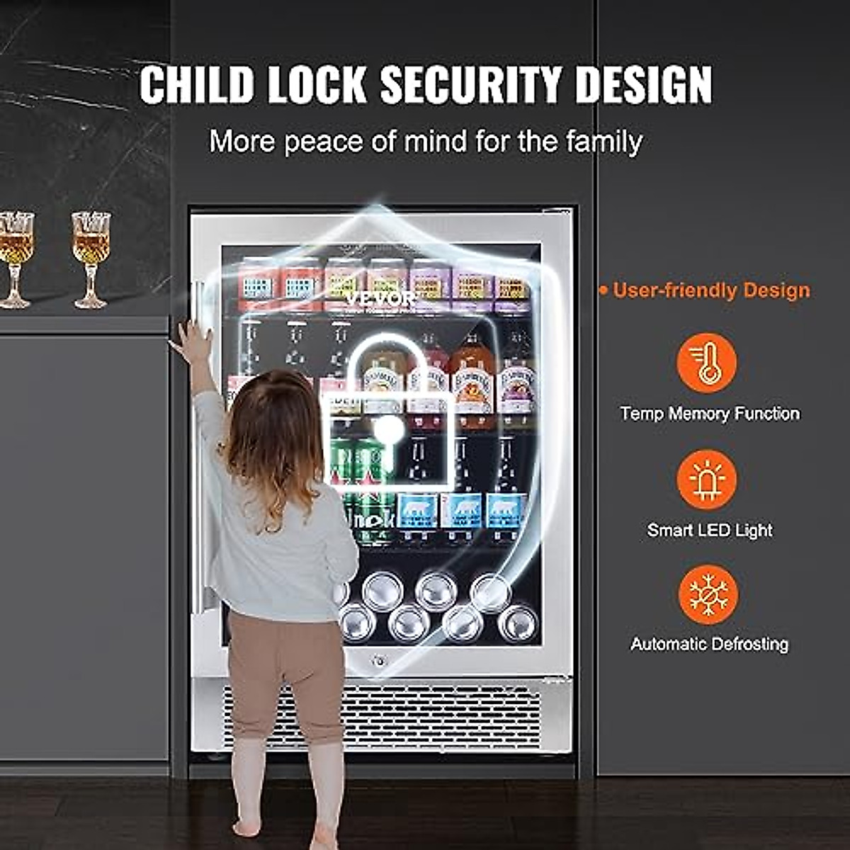 VEVOR Cooler 154 Cans Capacity Refrigerator Under Counter Built-in or Freestanding Beverage Fridge with Blue LED Light, Tempered Glass Door, Child Lock for Drink Soda Wine, Silver