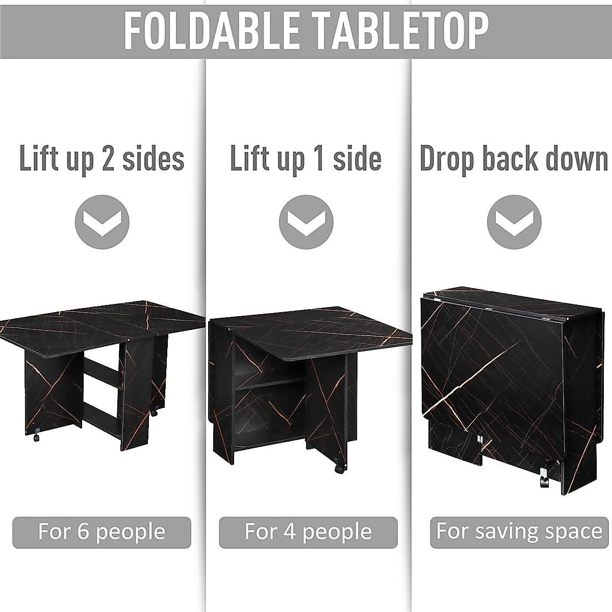VANSPACE Folding Dining Table Drop Leaf Kitchen Table with Storage for Small Spaces Multifunction Space Saving Table Extension Dinner Table Black Marble
