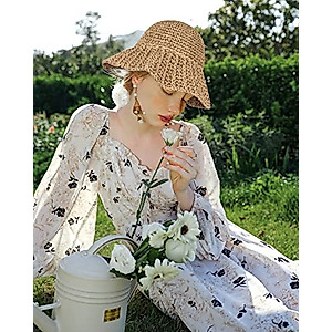 Minache Solid Color Crochet Straw Hat Foldable Wide Brim Outdoor Sun Visor Hat Bucket Hat for Women Girl, 07445 Khaki
