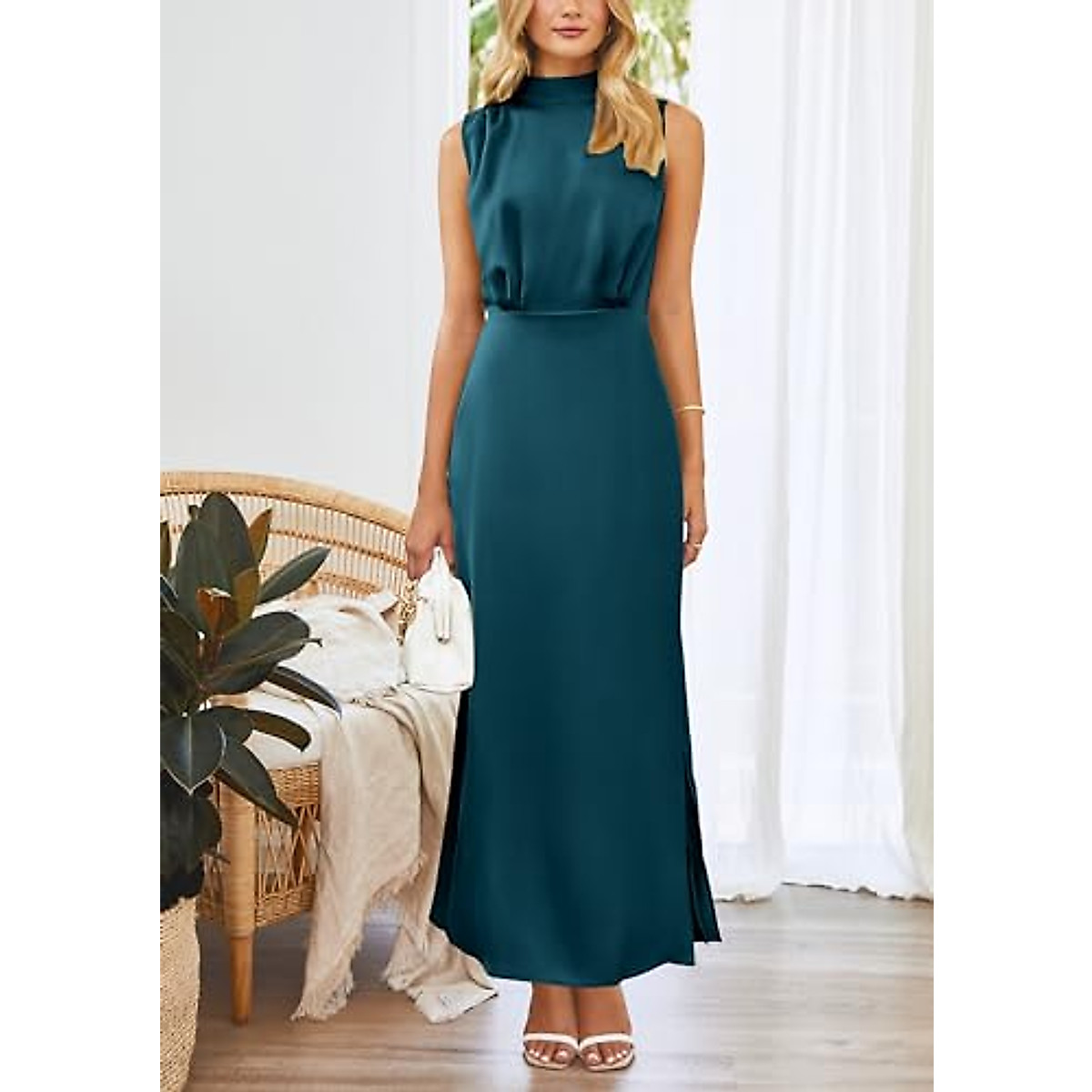 PRETTYGARDEN Women's Long Formal Satin Dress Mock Neck Sleeveless Side Slit Flowy Maxi Tank Dresses (Dark Blue,Medium)