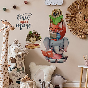 Mfault Once Upon a Time Reading Animals Wall Decals Stickers, Motivational Fox Elephant Owl Hedgehog Reading Books Nursery Decoration Classroom Bedroom Art, Kids Toddlers Study Room Library Decor