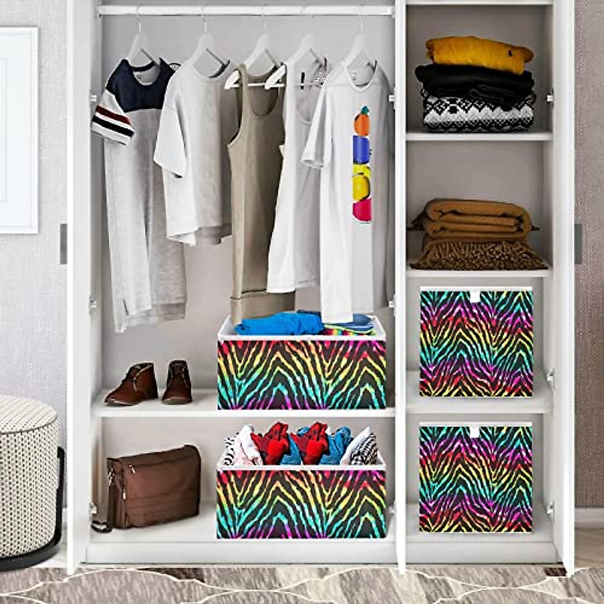 Rainbow Zebra Print Storage Basket Storage Bin Rectangular Collapsible Nursery Baskets Foldable Fabric Cube Organizer for Makeup Closet Bathroom Bedroom