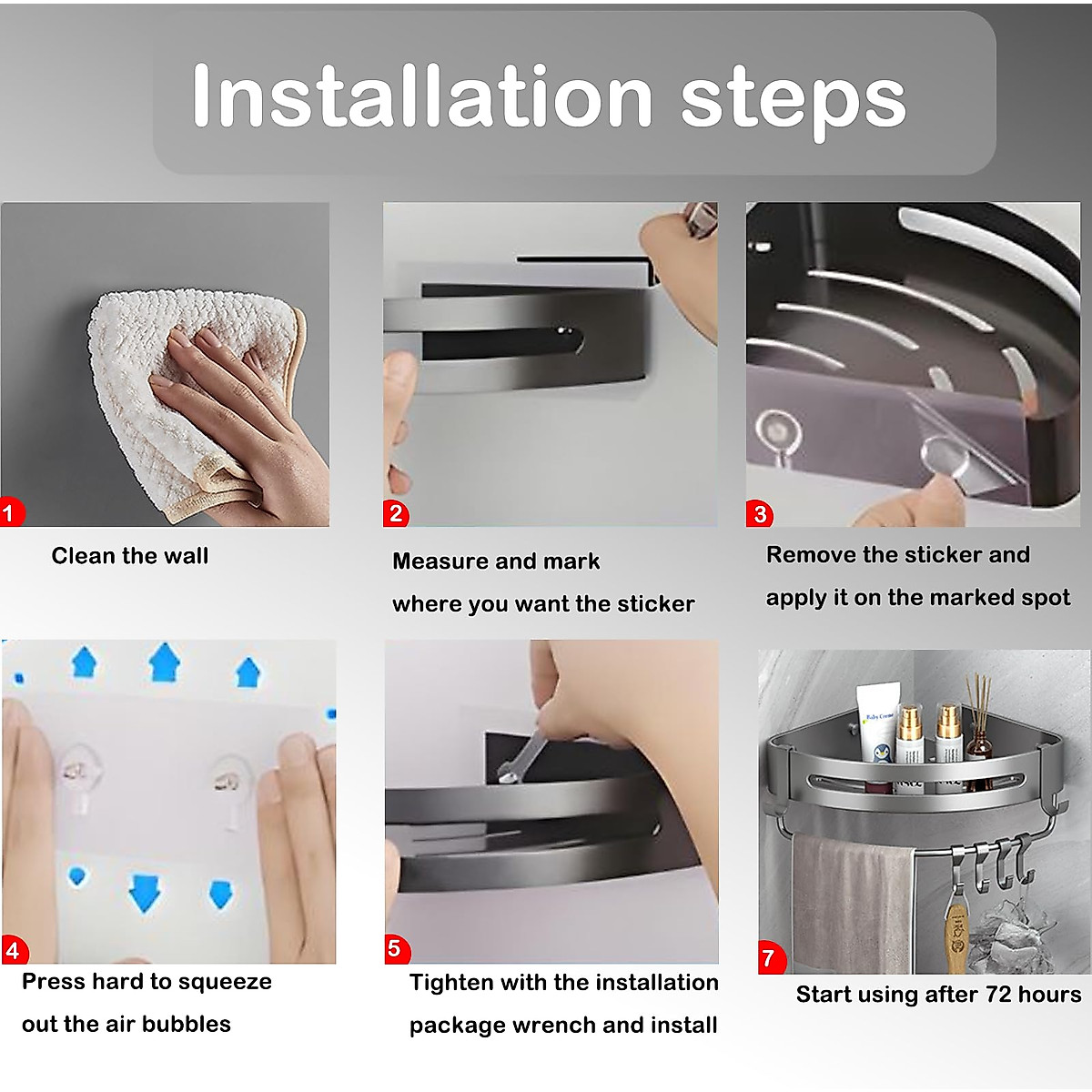 NAJIESUN Adhesive Shower Rack 3-Pack Large Capacity Rust-Proof Stainless Steel Bathroom Storage Rack, Toothpaste Storage Rack No Drilling Shelves (3-Piece Bathroom Storage Rack Set)