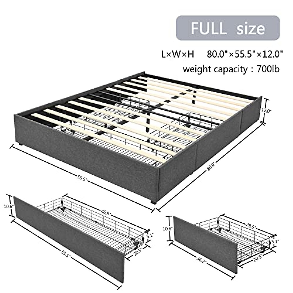 Alohappy Full Size Platform Bed Frame with 3 Storage Drawers,Upholstered Mattress Foundation with Wooden Slats Support,No Box Spring Needed,Modern Style(Dark Grey)