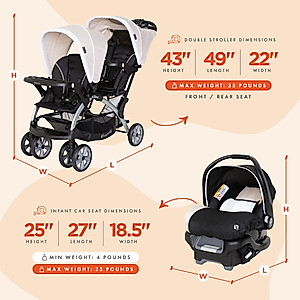 Baby Trend Sit N' Stand Easy Fold Travel Double Toddler and Newborn Stroller & 2 Single Infant Car Seat Combo Set, w/ Safety Harnesses & Cover, Khaki