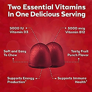 Vitamin B12 5000mcg and Vitamin D3 5000 IU Gummies, 60 Count | Delicious Fruit Punch Flavor, Vitamin D and Methyl B12 Vitamins for Energy and Immune Support