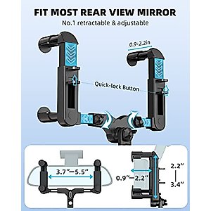 Phone Mount for Car【Large Rear Mirrors Friendly】 Rear View Mirror Phone Holder,【Upgraded 4 Clip More Stable】 360 Rotatable and Retractable Car Phone Holder Fit All Mobiles & Fits Bigger Vehicle