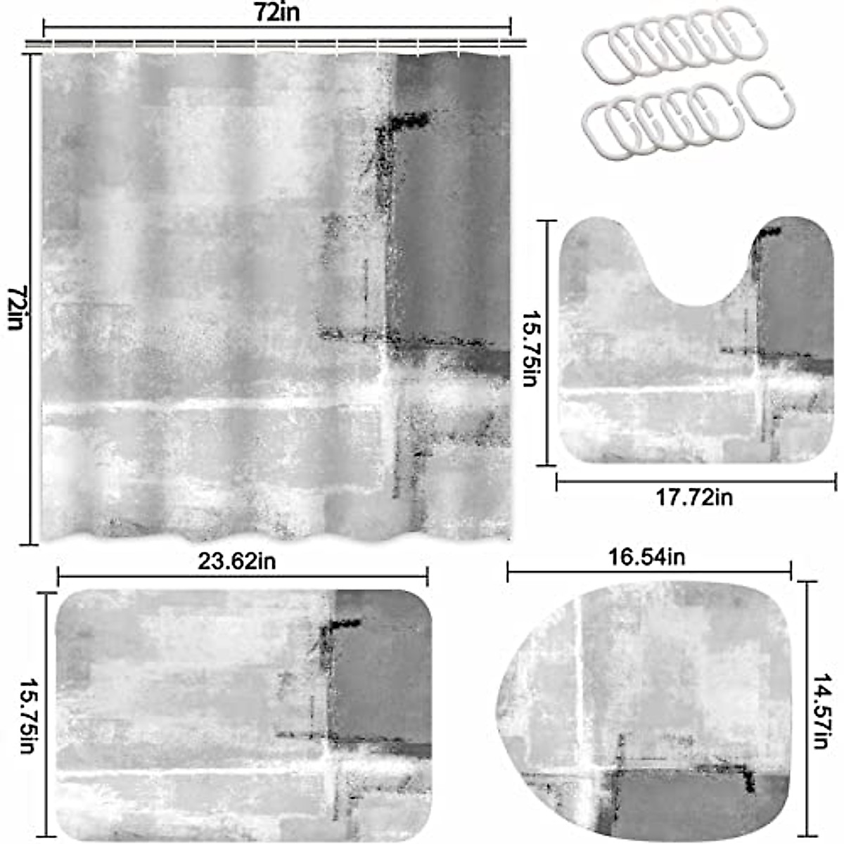 4Pcs Bathroom Shower Curtain Sets with Rugs,Grey and White Abstract Painting Bathroom Sets with Shower Curtain and Rugs and Accessories