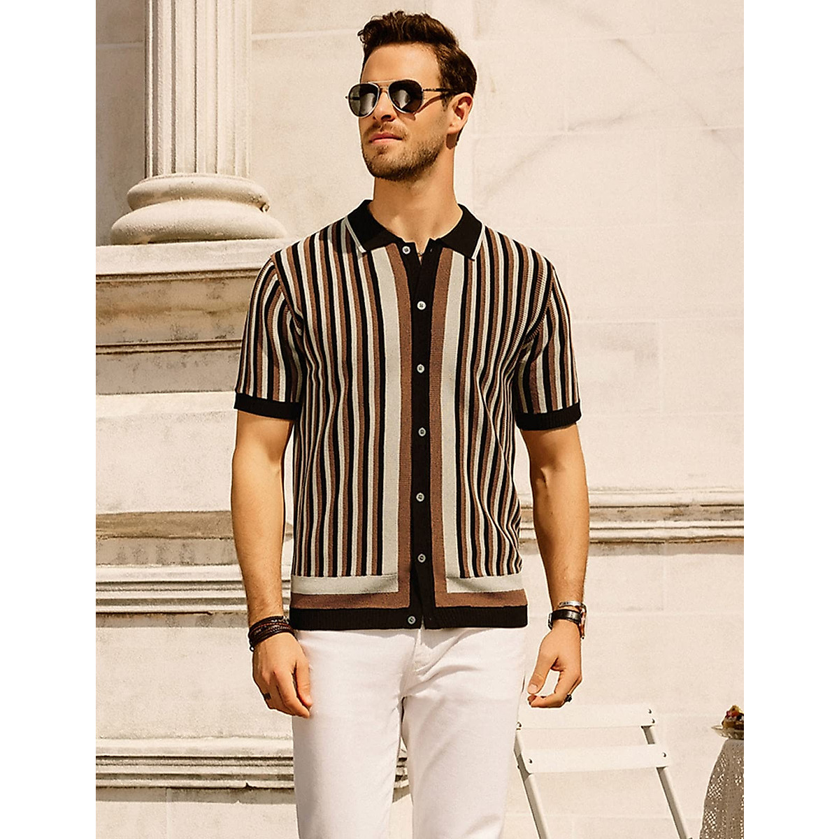 Mens 1950s Striped Polo Shirts Vintage Short Sleeve Button Down Polos 70s Italian Stylish Knit Shirt Retro Fashion Clothes Black-Coffe