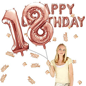 MOVINPE 18th Rose Gold Birthday Party Decoration, Happy Birthday Banner, Jumbo Number 18 Foil Balloon, 2 Rose Gold Fringe Curtain, Latex Confetti Balloon, Table Confetti for Girl Women Anniversary