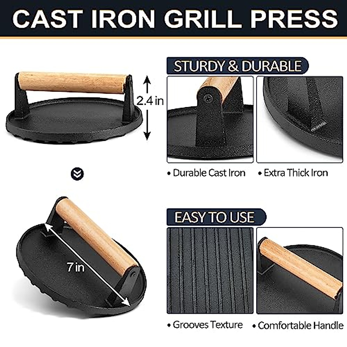 12” Melting Dome & 7” Burger Press Kit, Joyfair Basting Cover with Cast Iron Grill Press for Cheese Burger Bacon, Heavy Duty Griddle Accessories for Outdoor BBQ Flat Top Grilling, Dishwasher Safe