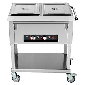 VEVOR 2-Pan Commercial Food Warmer, 2 x 20.6QT Electric Steam Table, 1000W Professional Buffet Catering Food Warmer with 4 Wheels (2 Lockable), Food Grade Stainless Steel Server for Party Restaurant