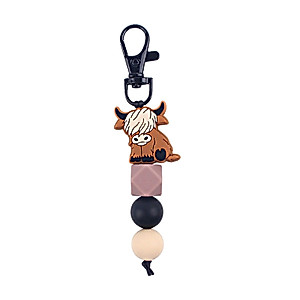 Cowgirl Cowboy Gifts Wristlet Keychain Bracelet Retro Cute Highland Cattle Silicone Bead Tassel Keyring Pendants Charm Accessories for Women Bag Car Key Western Country Cow Yak Jewelry