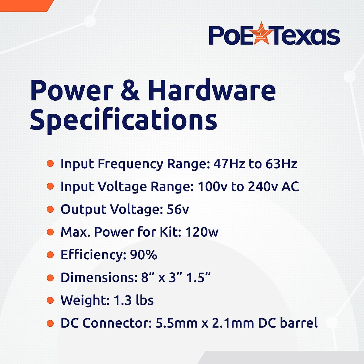 PoE Texas 56v 120w PoE Compatible Power Supply with Wall Mounting Tabs - Easy Installation for Long Distance Power Over Ethernet Network Switch, Injector, Adapter, Extender, 802.3af, 802.3at Devices
