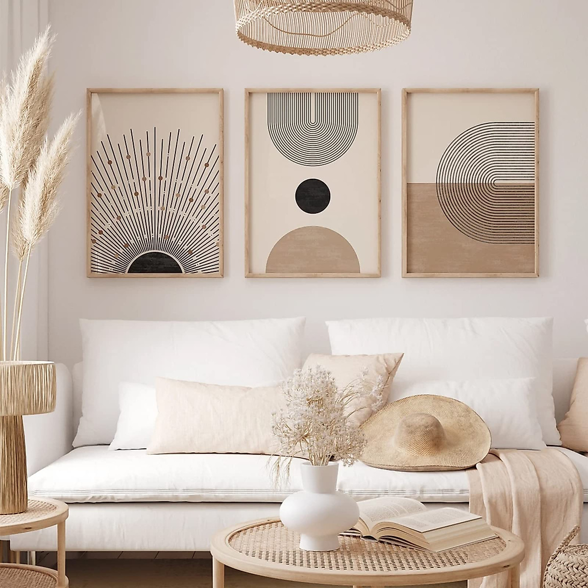 Mid Century Modern Wall Art Set of 3 Neutral Boho Art Prints Abstract Geometric Wall Art Picture Black Beige Minimalist Painting Canvas Artwork for Living Room Bedroom 16x24 Inch UNFRAMED