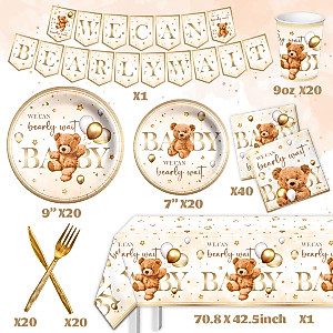 Teddy Bear Baby Shower Decorations for Boy-142Pcs We Can Bearly Wait Tableware,Brown Bear Theme Plates and Napkins Set Serves 20 Guests,Teddy Bear Baby Shower Birthday Party Supplies