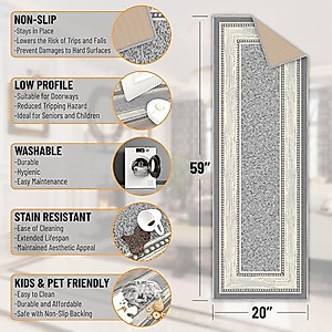 Ottomanson Ottohome Non-Slip Rubberback Bordered Design 2x5 Indoor Runner Rug, 20" x 59", Light Gray