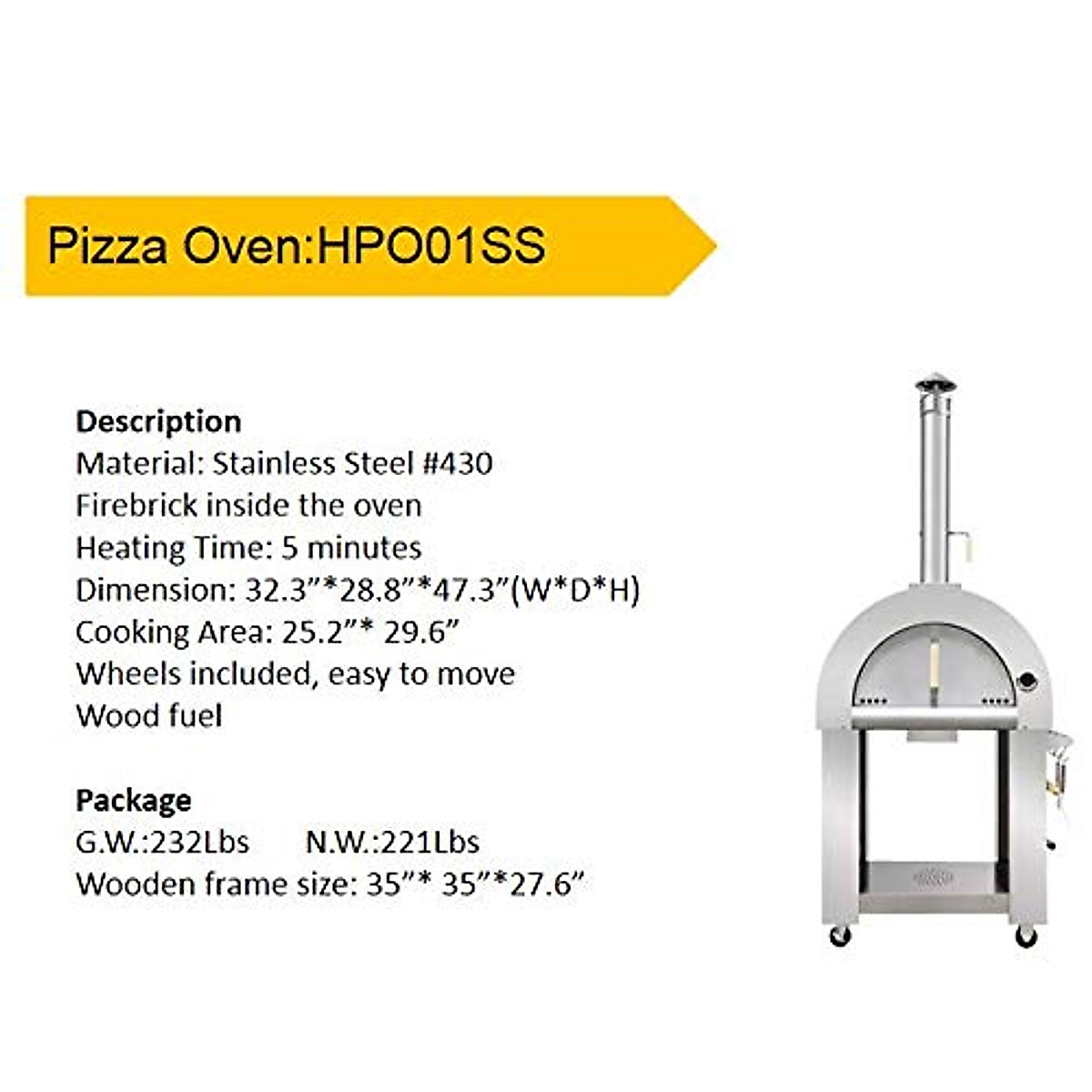32.5" Wood Fired Stainless Steel Artisan Pizza Oven or Grill, Outdoor or Indoor