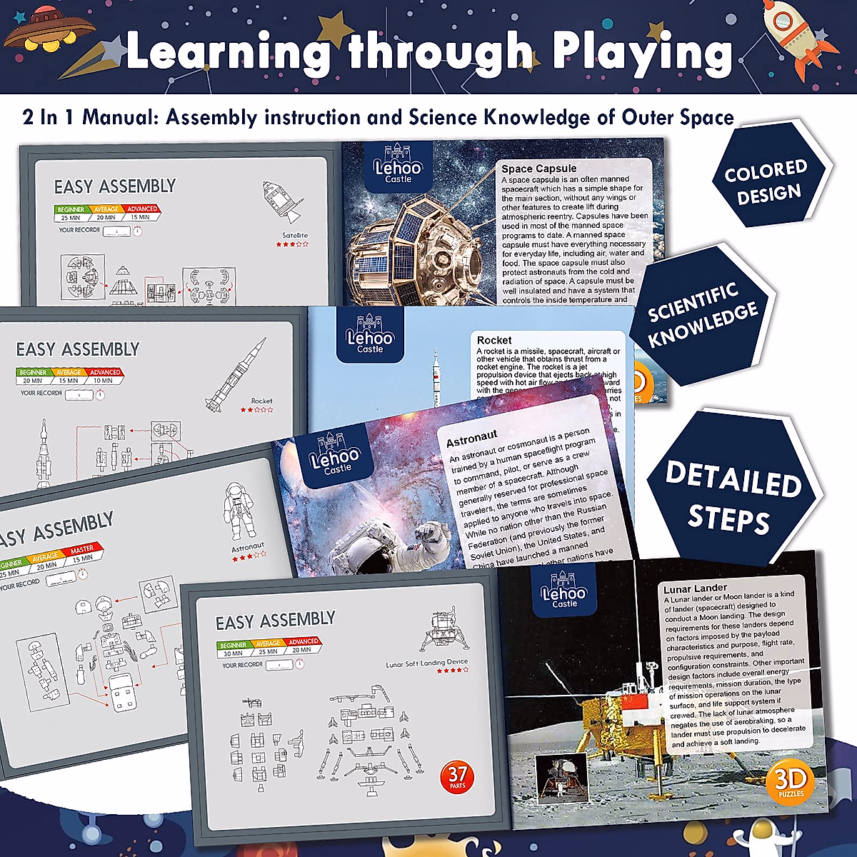 Lehoo Castle Building Toys for Kids Age 3-12,Space Station Space Shuttle Building Kit Including Astronaut, Rocket, Lunar Lander and Space Capsule, STEM Space Toy for Boys and Girls (109pcs)