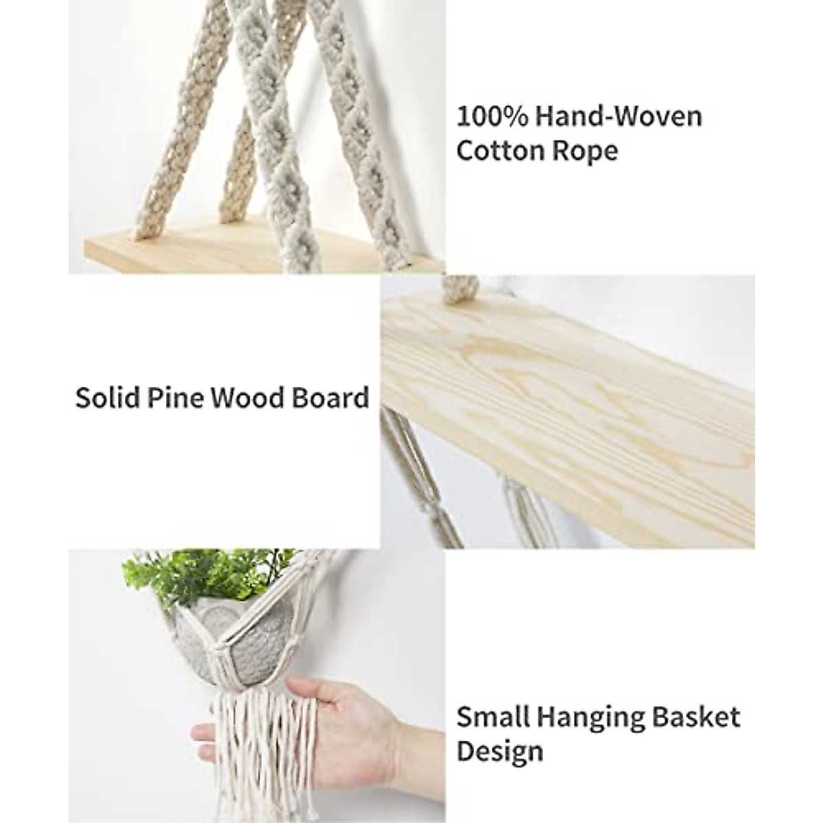 Afuly Macrame Hanging Shelves 2 Tiers Floating Shelf Natural Wood Wall Shelves Chic Boho Decor, Pine Wood Cotton Rope Bohemian Floating Plants Storage for Bedroom Bathroom Living Room, Beige