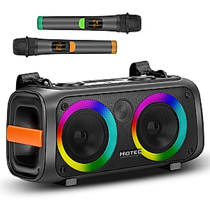 Hotec Karaoke Machine - Portable Bluetooth PA Speaker with Two Wireless Microphones, LED Party Lights, TF Card/USB Music, AUX Input, REC, and TWS for Adults and Kids
