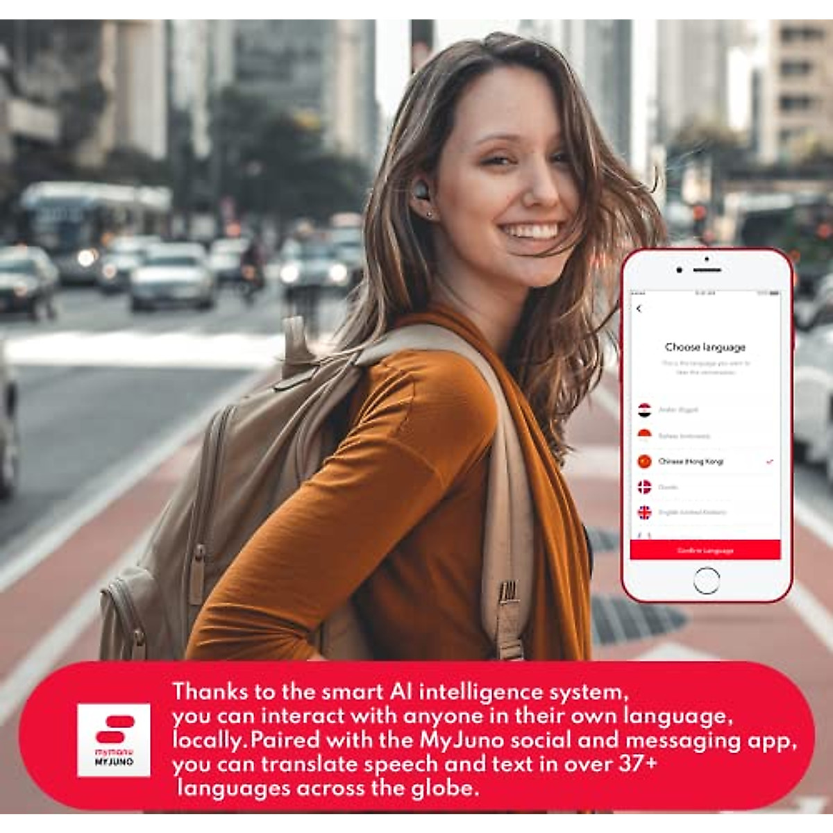Mymanu CLIK S Translation Earbuds Using MyJuno Translation app, Passive Noise Cancellation with Long Battery Life and Advanced Audio Quality