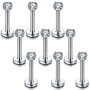 Xpircn 9PCS 16G Stainless Steel 3mm Cubic Zirconia Labret Monroe Lip Ring Tragus Helix Earring Studs