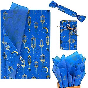 Bolsome 100 Sheets 20 * 14 Inches Eid Mubarak Tissue Wrapping Paper Blue and Gold Tissue Paper for Gift Bags for Ramadan Eid Al-fitr Gift Wrapping and DIY Crafts